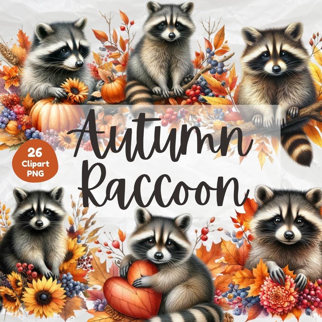 Watercolor Autumn Raccoon Collection Clipart, Cute Fall Animals PNG ...