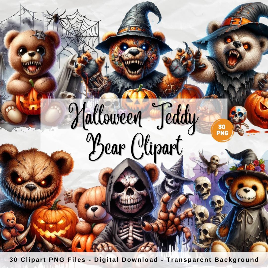 Halloween Teddy Bears Clipart, Creepy Teddy Bear PNG, Halloween Horror ...