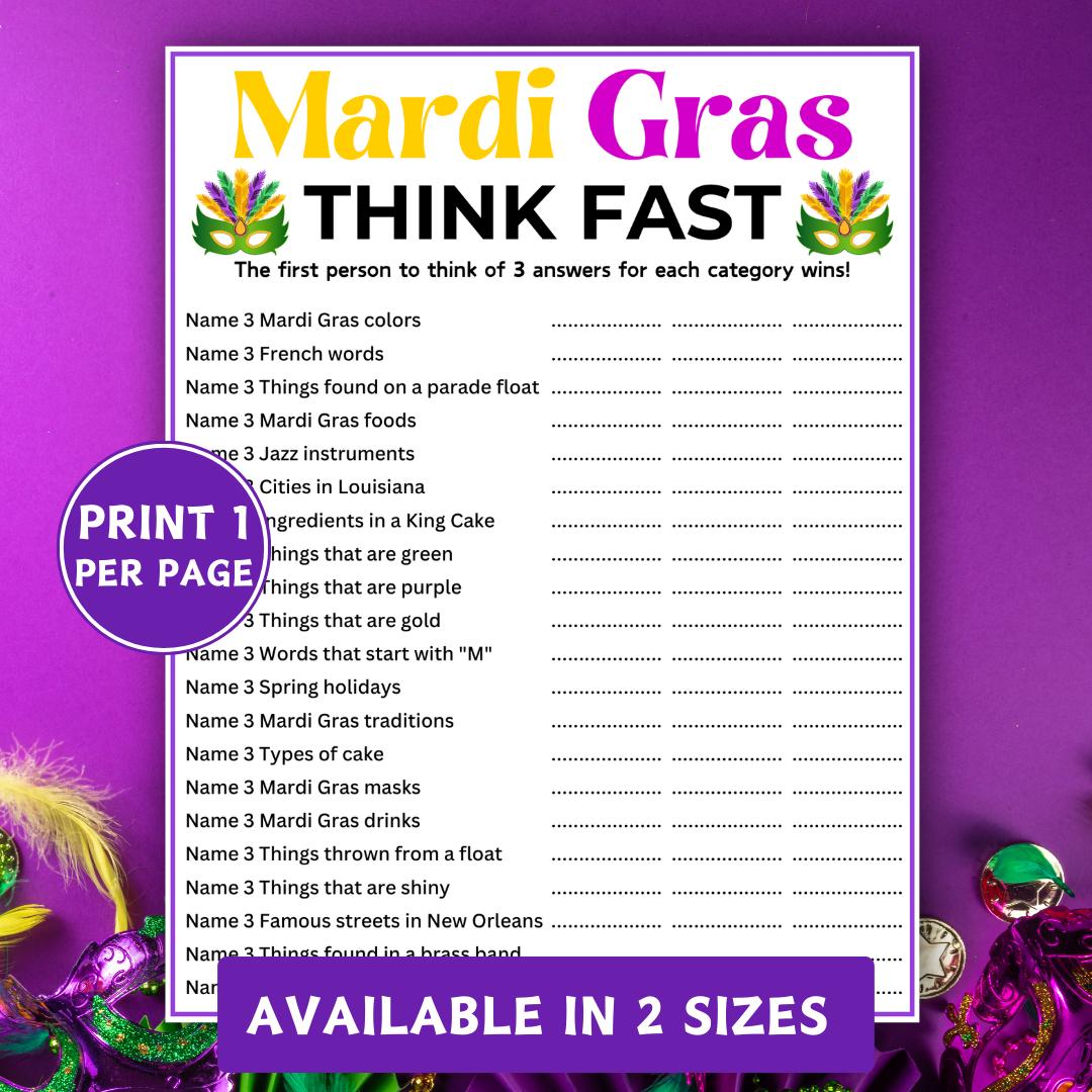 Mardi Gras Think Fast Game! Printable Mardi Gras Games, Think Quick ...