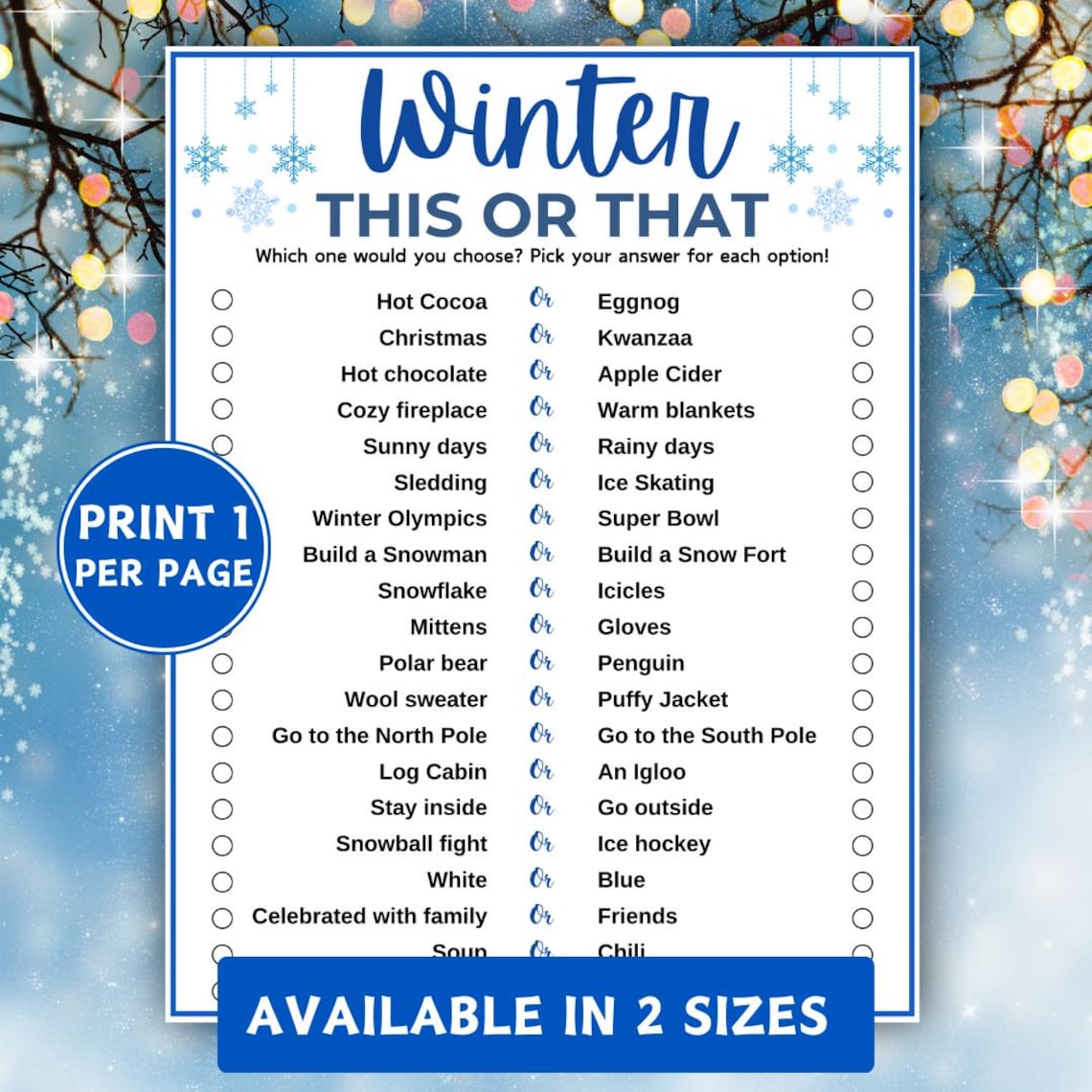 Winter This or That Game, Would You Rather, Printable Winter Games for ...