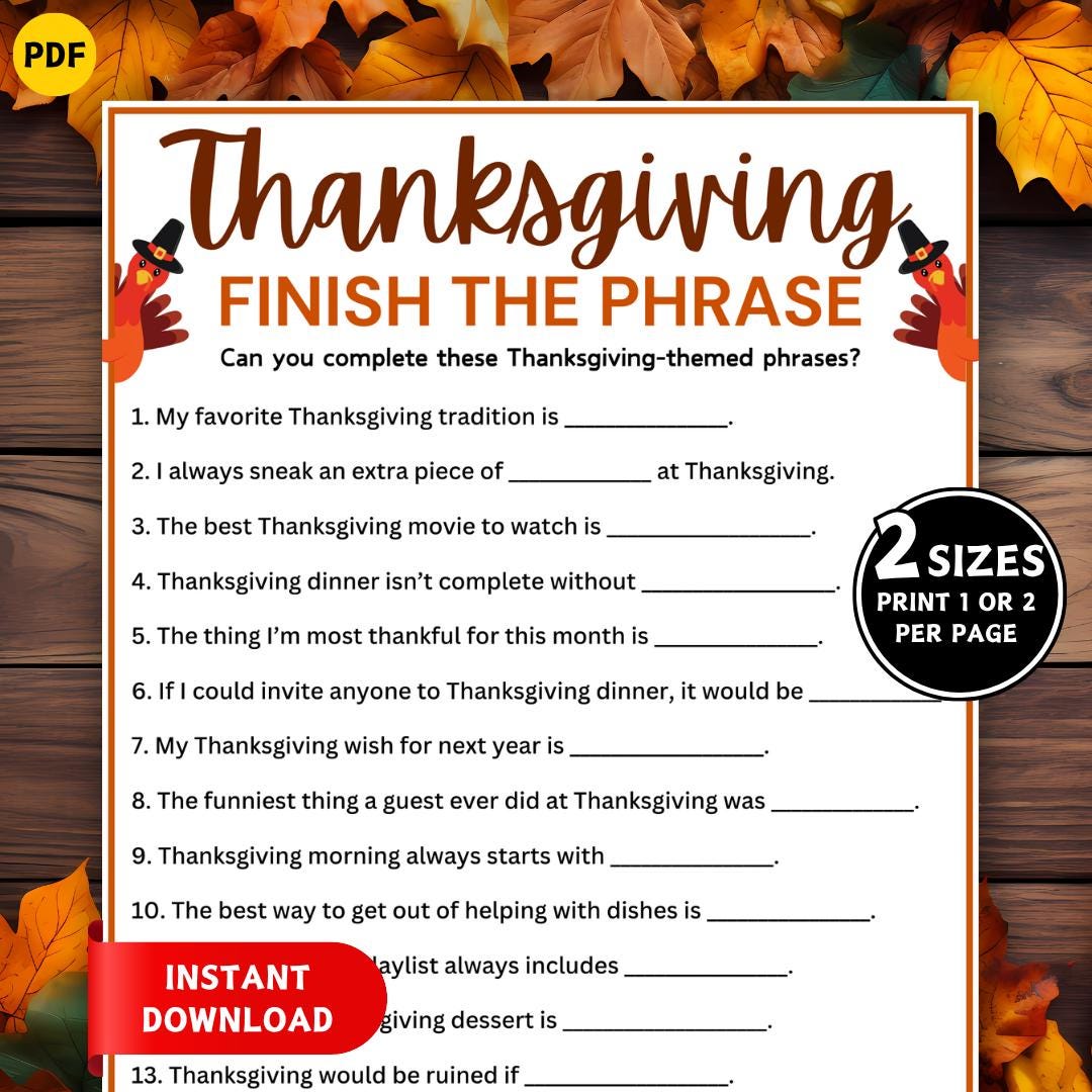 Thanksgiving Finish the Phrase Game, Printable Thanksgiving Game ...