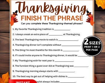 Thanksgiving Finish the Phrase Game, Printable Thanksgiving Game ...