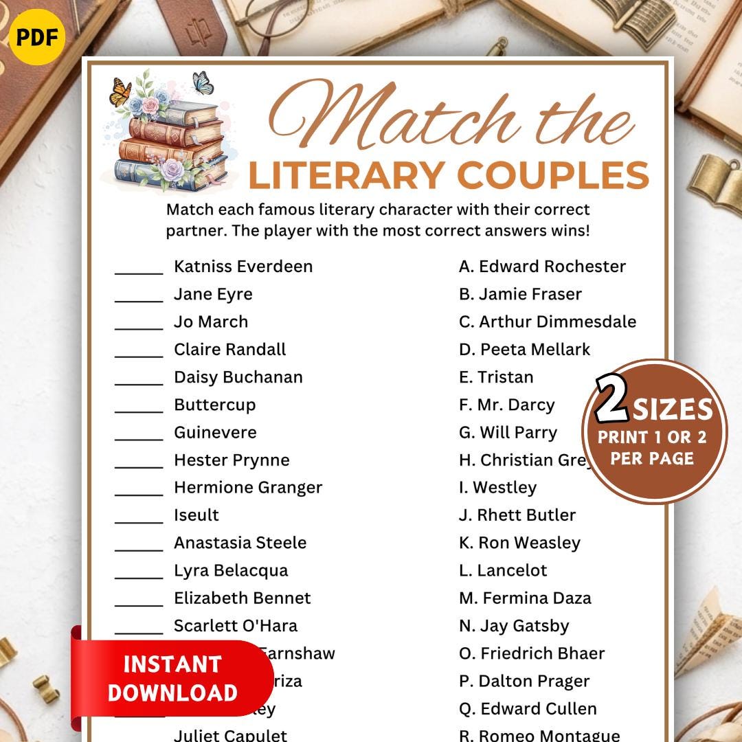 Literary Couples Match Game, Famous Couples Quiz, Bridal Shower Games ...