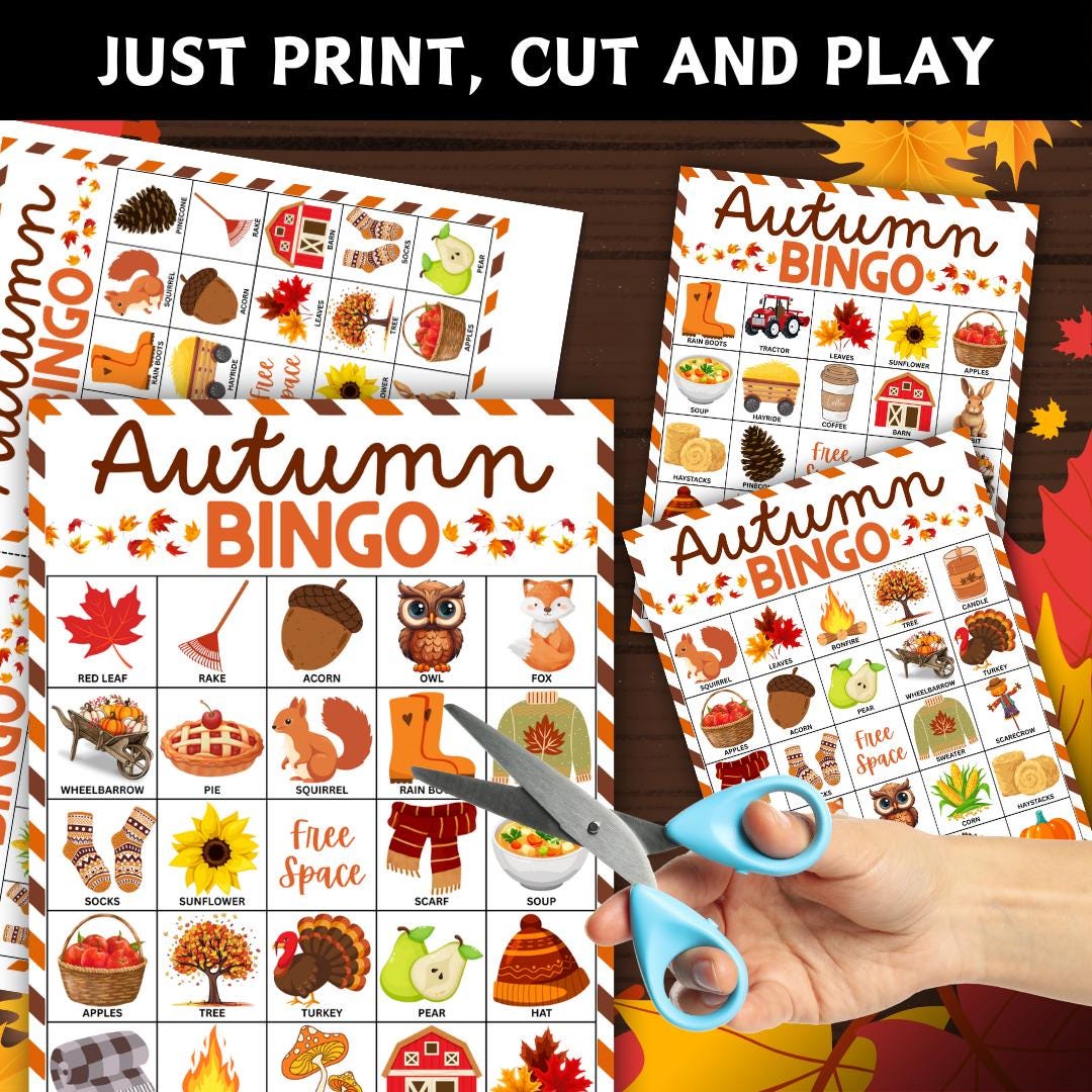 50 Autumn Bingo Cards, Autumn Bingo, Printable Autumn Games, Autumn ...
