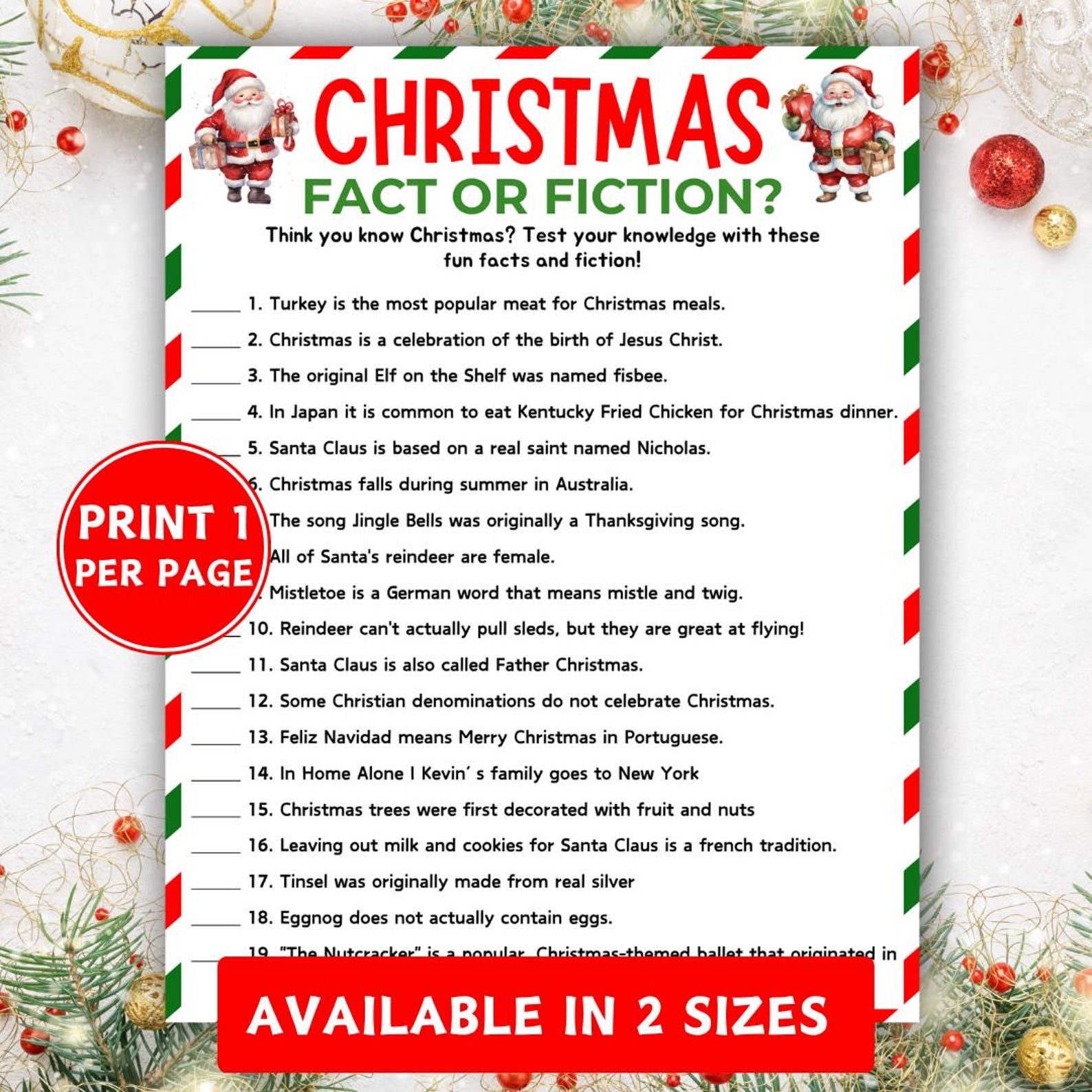 Christmas Fact or Fiction Game, Printable Holiday Trivia Party Game ...