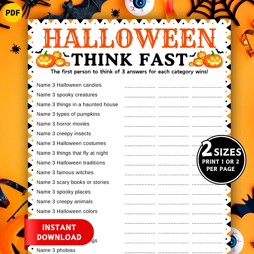 Halloween Think Fast Game! Printable Halloween Game, Think Quick Trivia ...