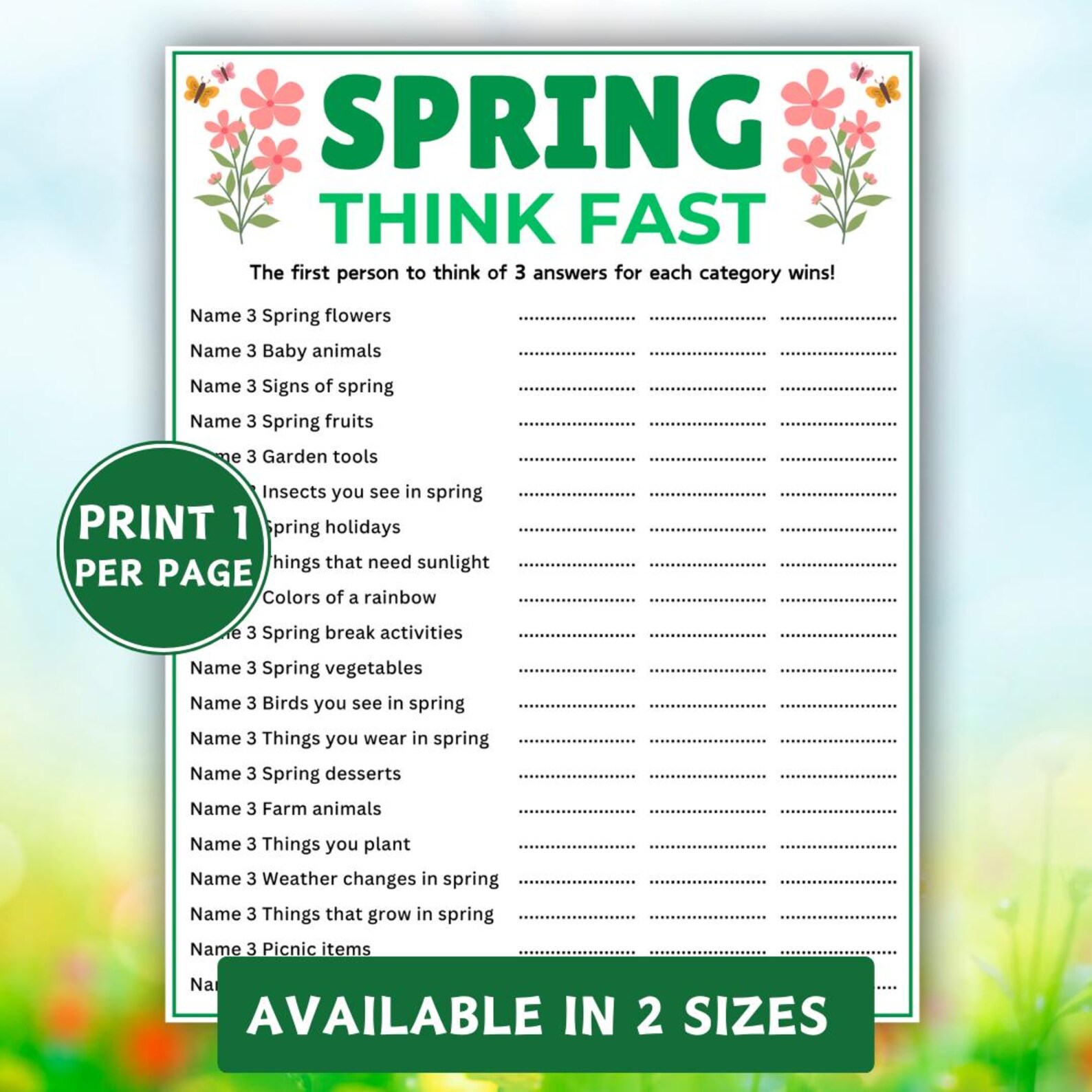 Spring Think Fast Game! Printable Spring Games, Think Quick Trivia Game ...