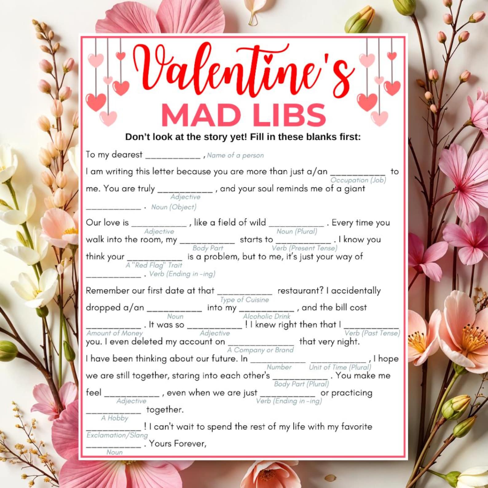 Valentine's Day Mad Libs, Printable Valentines Story, Valentine Party ...