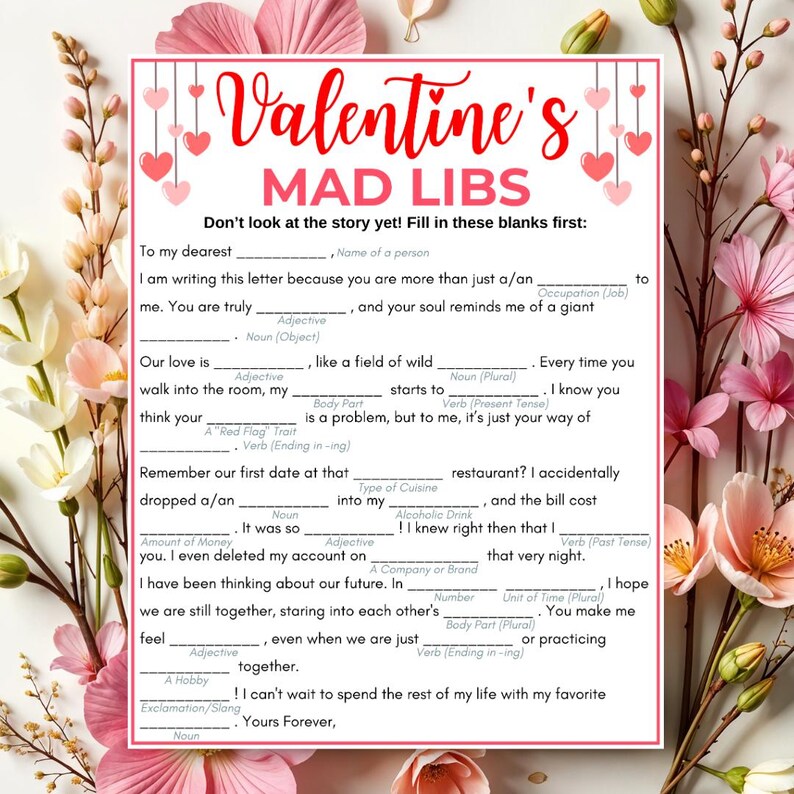 Valentine's Day Mad Libs, Printable Valentines Story, Valentine Party ...