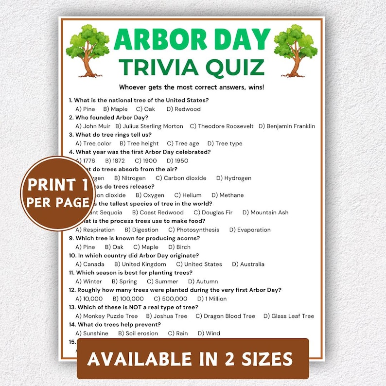 Arbor Day Trivia Game, Printable Nature Trivia Quiz, Spring Games, Tree ...