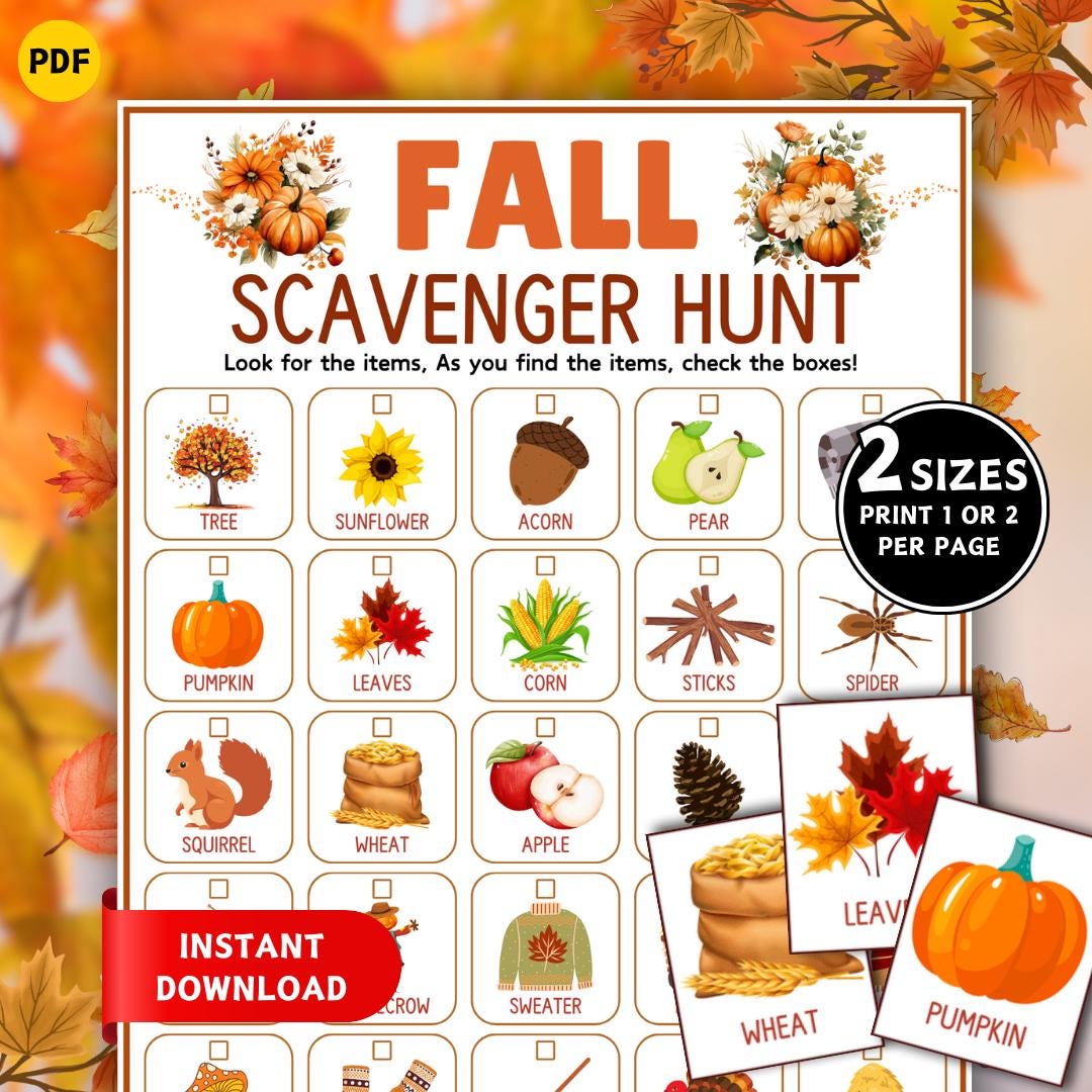 Fall Scavenger Hunt, Indoor Treasure Hunt, Printable Autumn Game for ...