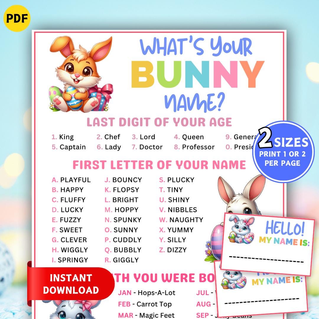 What's Your Bunny Name Game With Nametags, Printable Easter Party Games ...