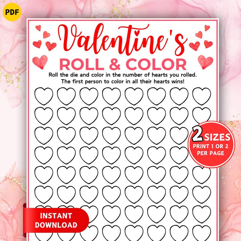 Printable Valentines Day Roll and Color Game, Valentines Party Game ...