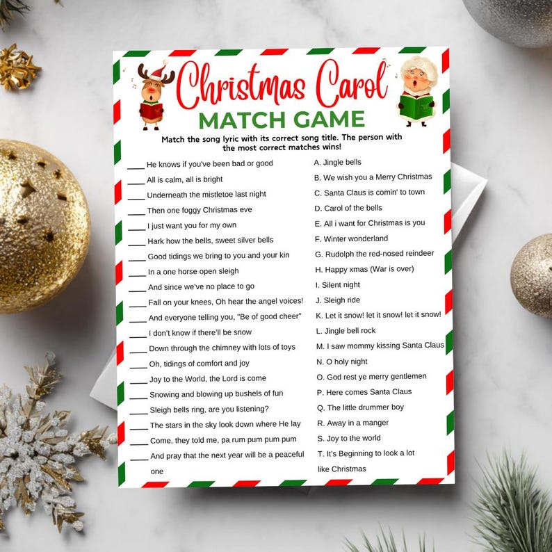 Christmas Carol Game, Printable Christmas Game, Christmas Song Trivia ...