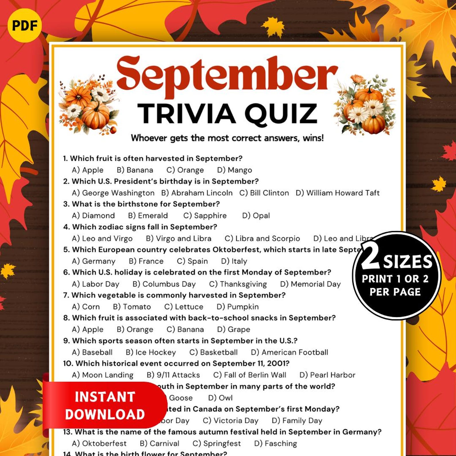September Trivia Game, Fall Trivia Quiz, Autumn Party Game, Month ...