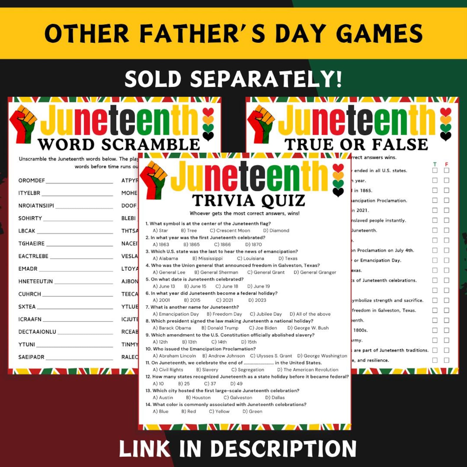 Juneteenth Fact or Fiction Game, True or False Quiz, Juneteenth Trivia ...