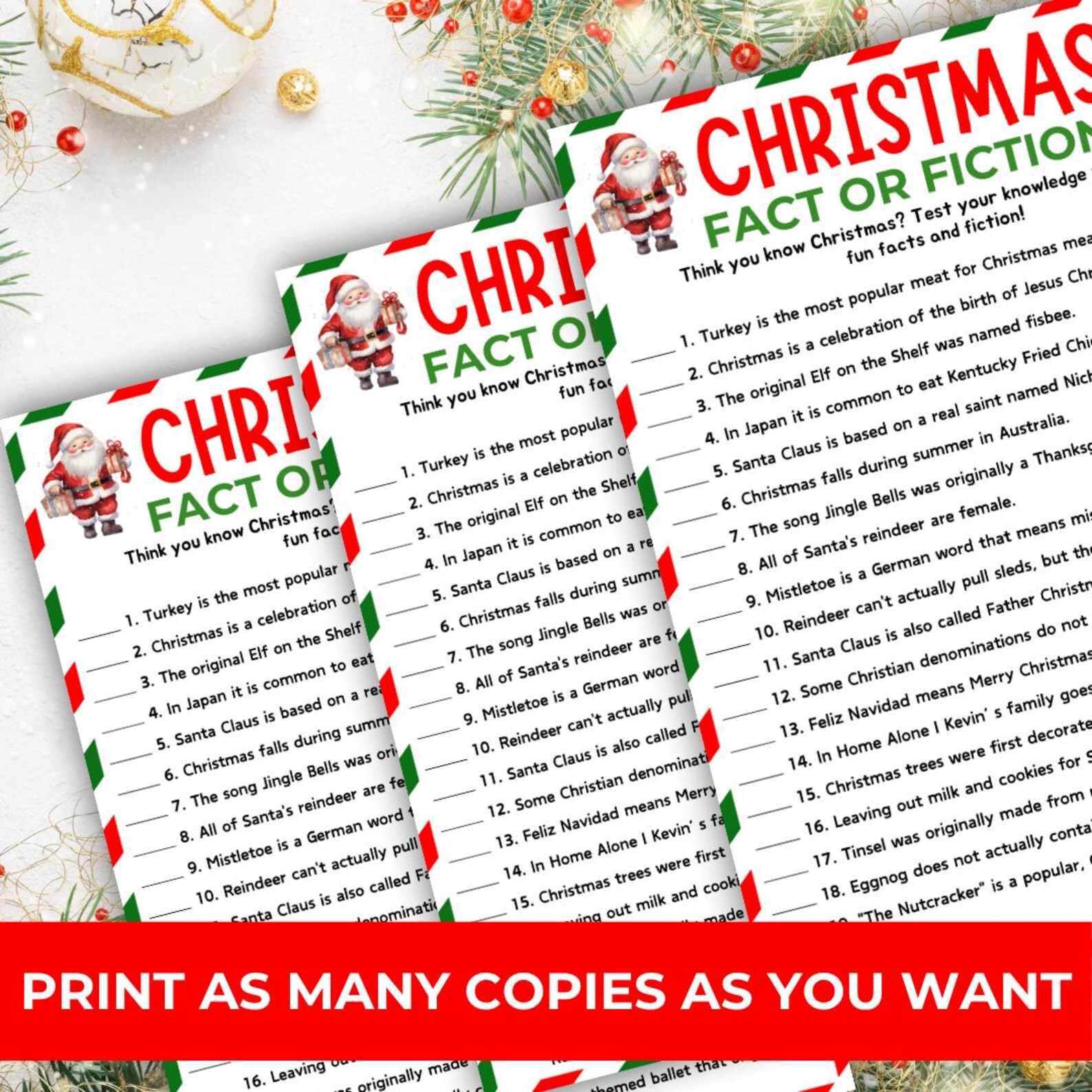 Christmas Fact or Fiction Game, Printable Holiday Trivia Party Game ...