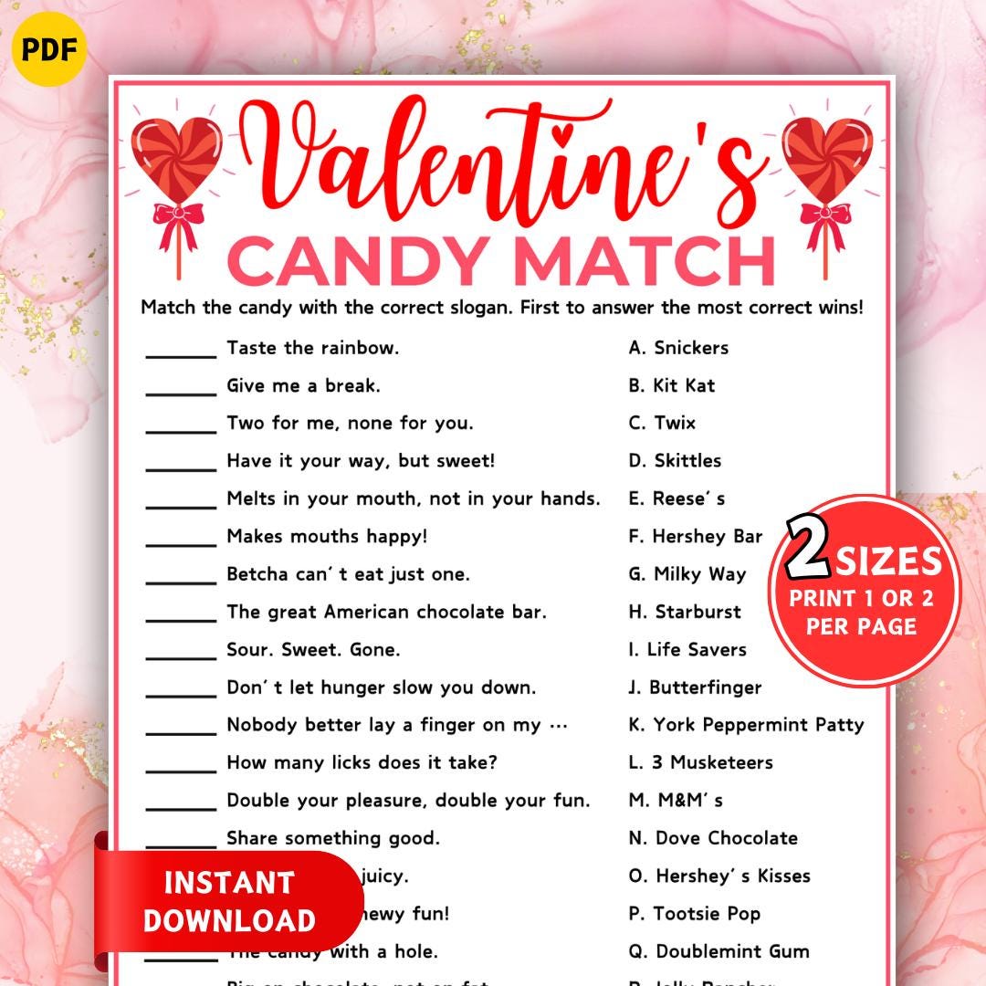 Valentines Candy Match Game, Candy Slogan Trivia Game, Printable ...