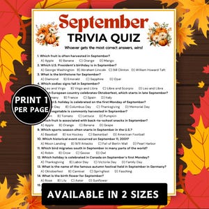 September Trivia Game, Fall Trivia Quiz, Autumn Party Game, Month ...