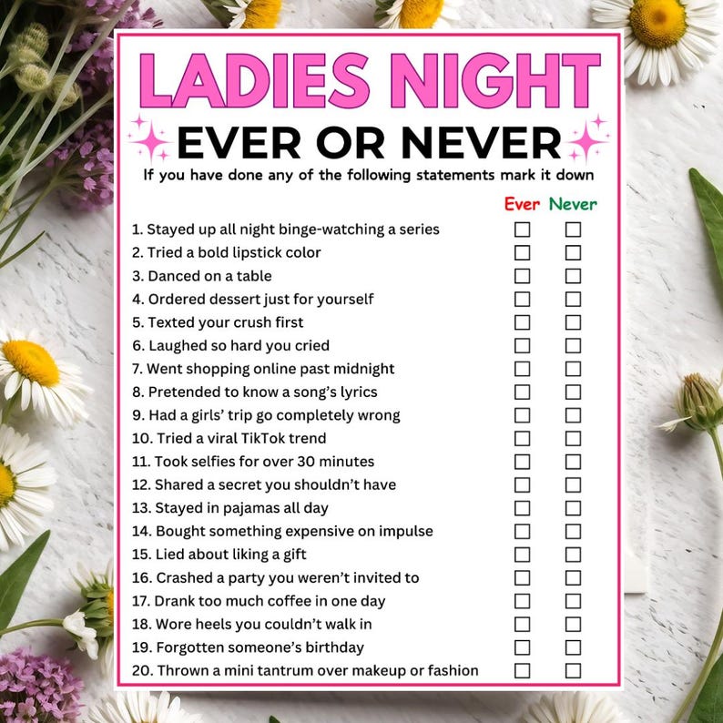 Never Have I Ever Game, Printable Ladies Night Party Games, Ladies ...