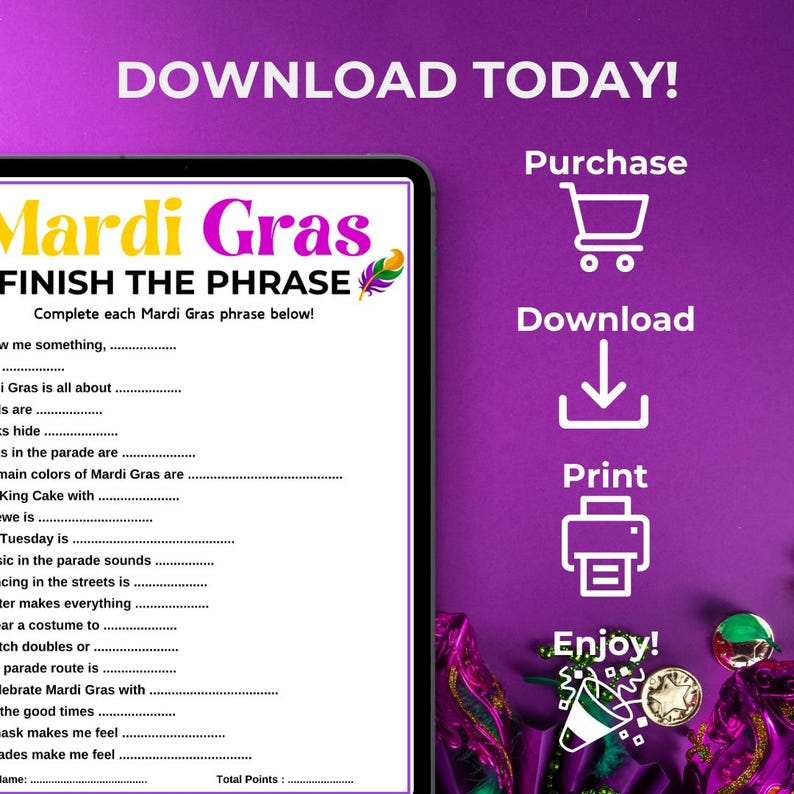 Mardi Gras Finish the Phrase Game, Mardi Gras Party Games, Printable ...