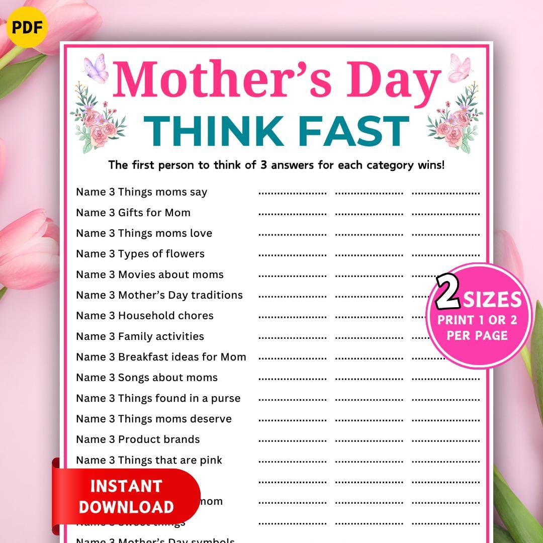 Mothers Day Think Fast Game! Printable Mother's Day Games, Think Quick ...