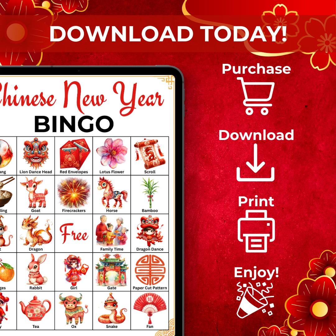 Chinese New Year Bingo, 30 Lunar New Year Bingo Cards, Printable Party ...