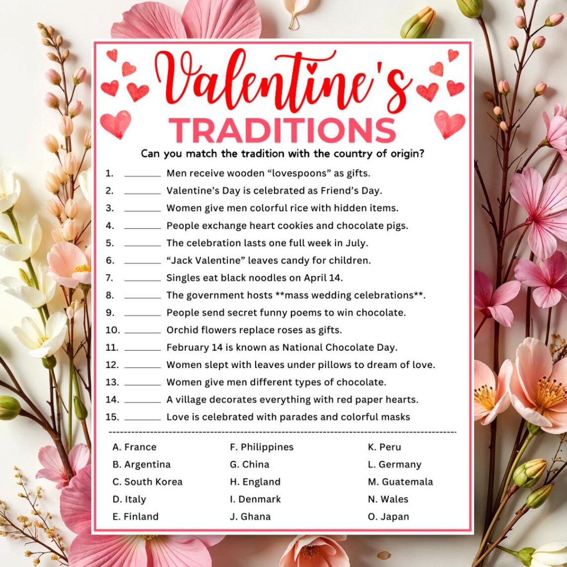 Valentine's Day Traditions Around the World Game, Valentine's Trivia ...