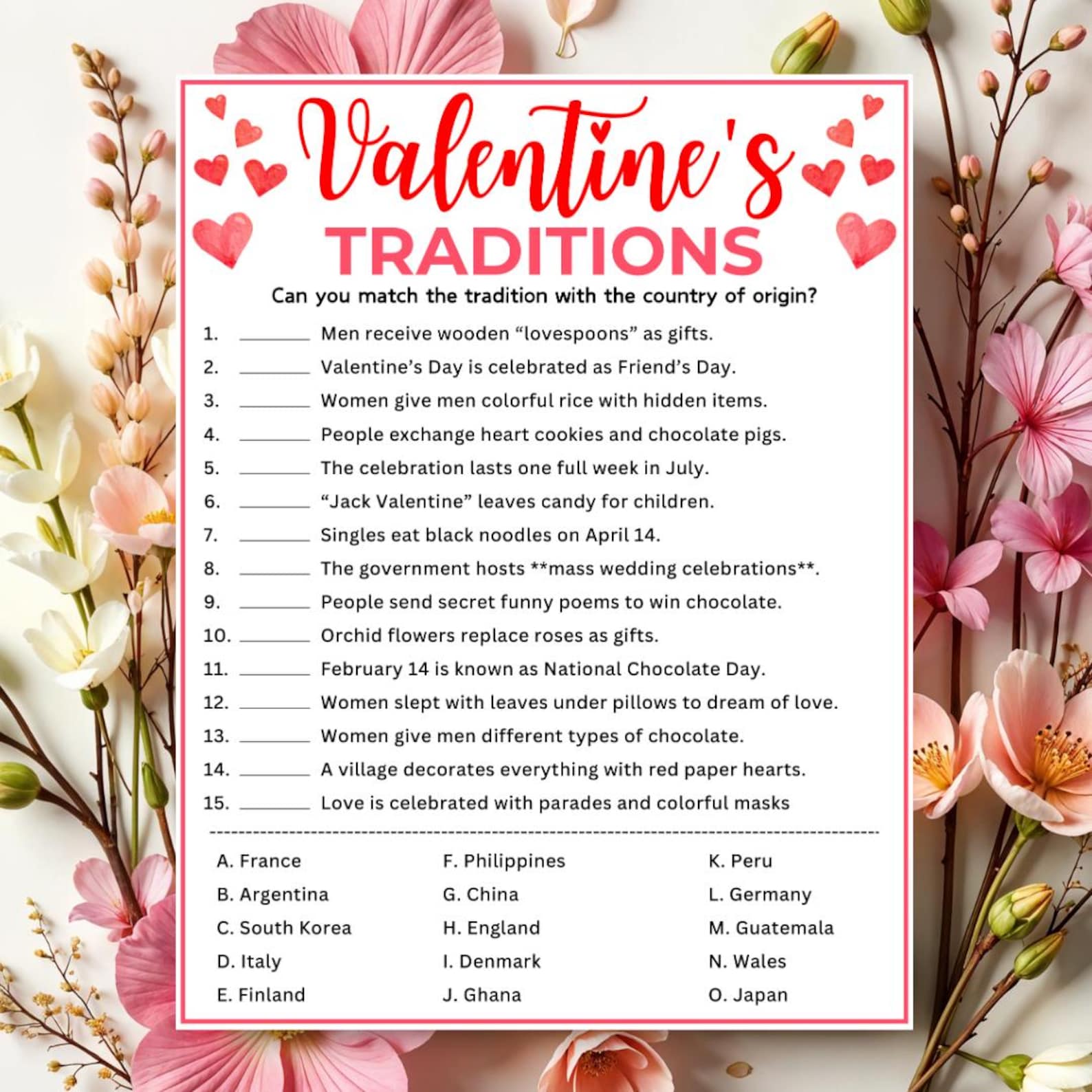 Valentine's Day Traditions Around the World Game, Valentine's Trivia ...