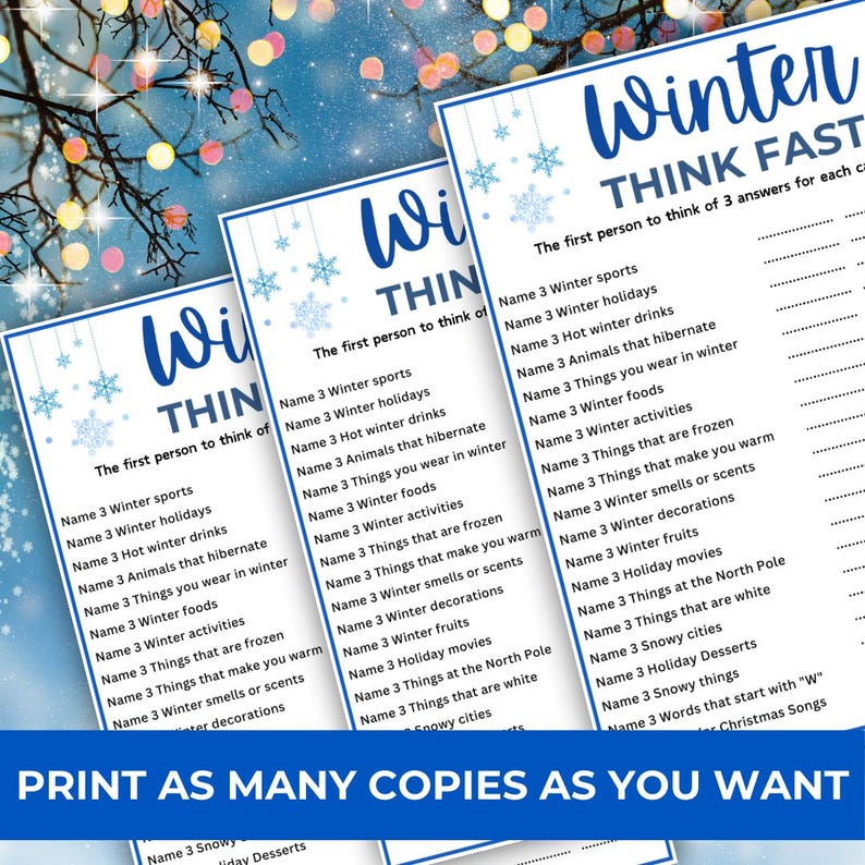 Winter Think Fast Game! Printable Winter Games, Think Quick Trivia Game ...