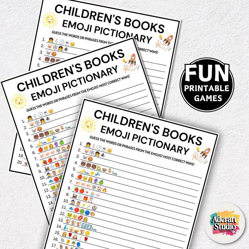 Children's Books Emoji Pictionary Game, Printable Baby Shower Games ...