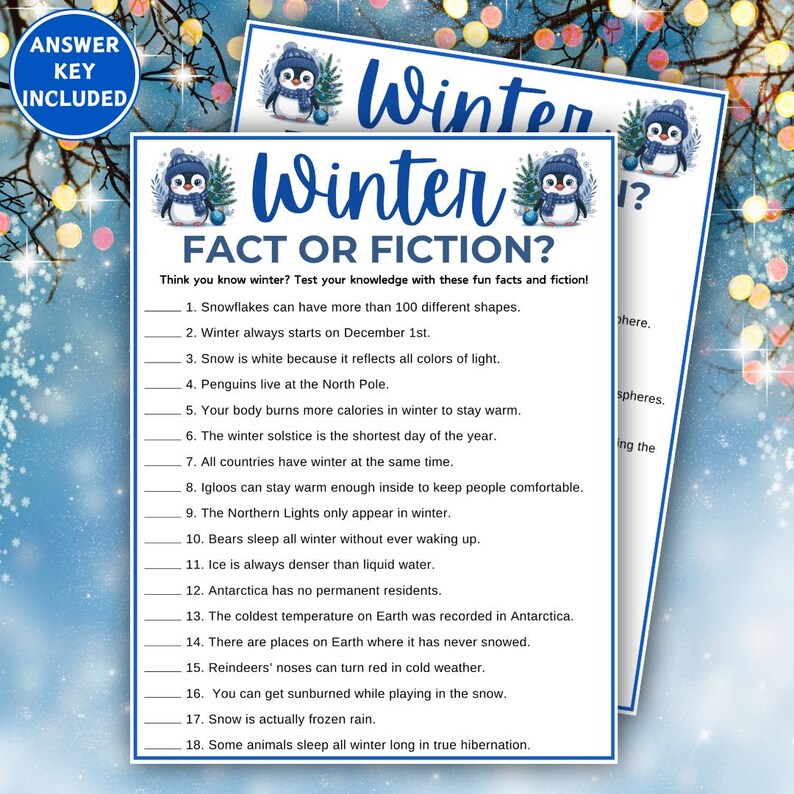 Winter Fact or Fiction Game, Printable Holiday Trivia Party Game ...