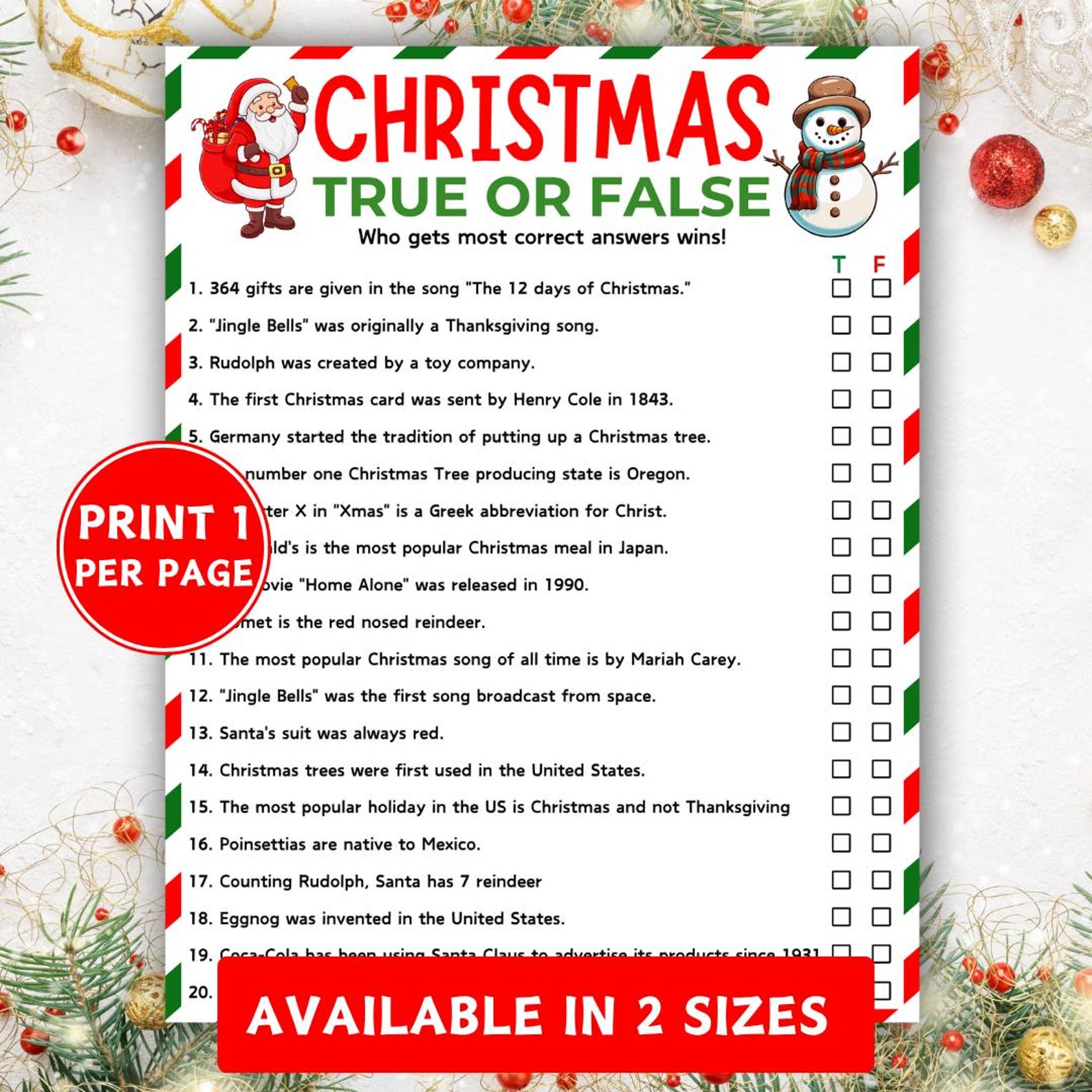 Christmas True or False Game, Printable Christmas Game, Christmas ...