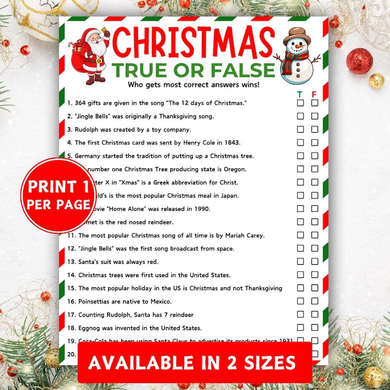 Christmas True or False Game, Printable Christmas Game, Christmas ...