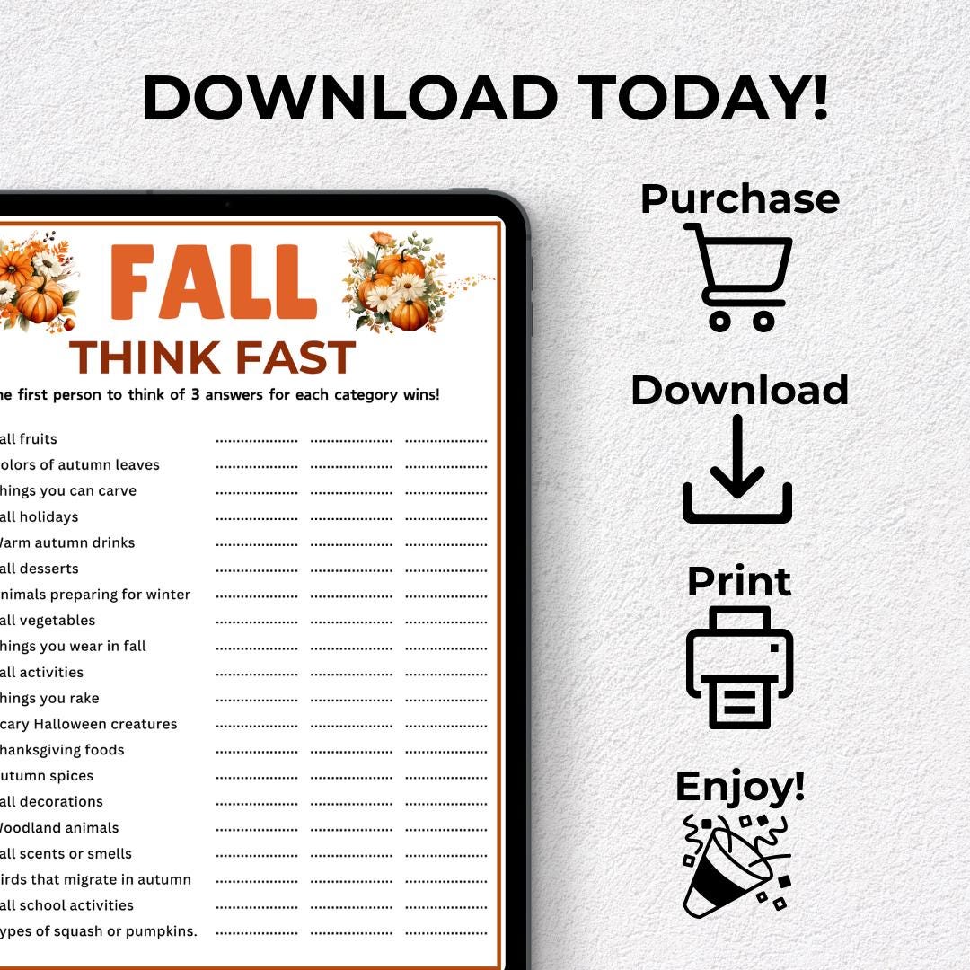 Fall Think Fast Game! Printable Fall Games, Think Quick Trivia Game ...