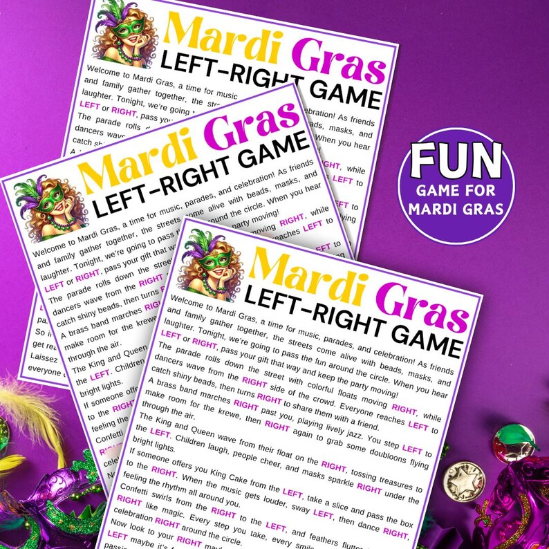 Mardi Gras Left Right Game, Printable Mardi Gras Games for Kids Adults ...