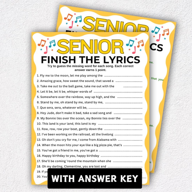 Printable Finish the Lyrics Game, Song Game for Seniors Citizens, Song ...