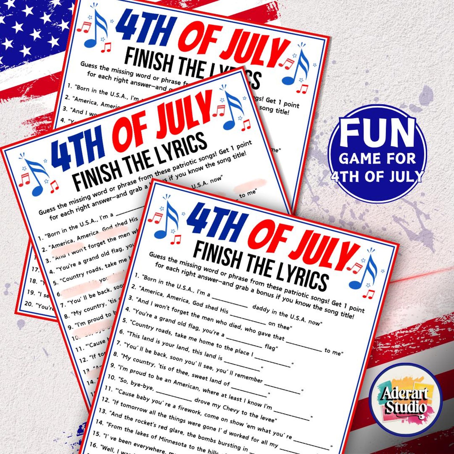 4th of July Finish the Lyrics Game, Printable 4th of July Party Games ...
