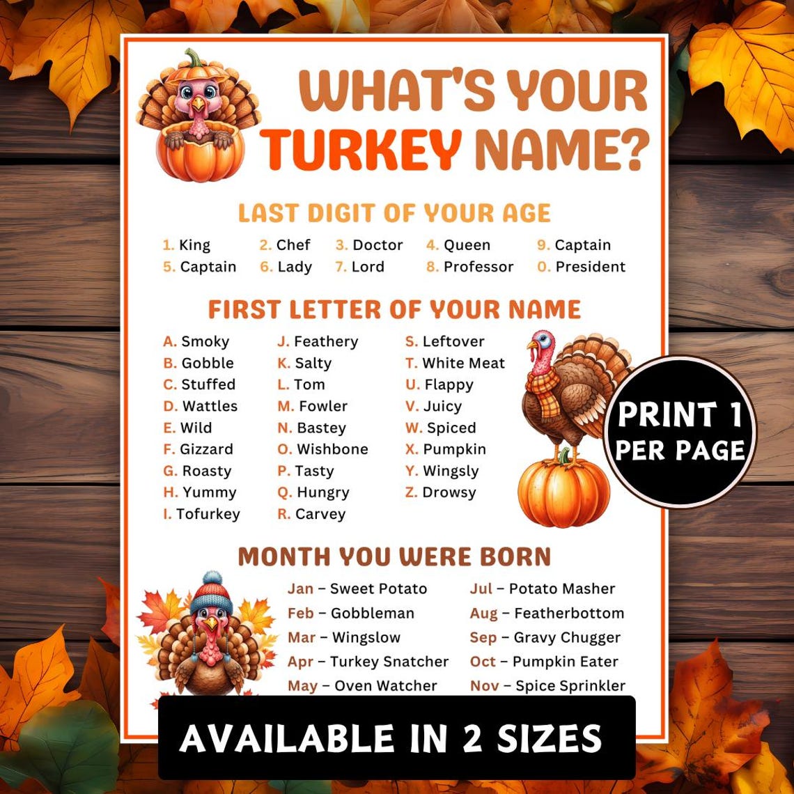 What's Your Turkey Name Game, Thanksgiving Game Printable, Thanksgiving ...