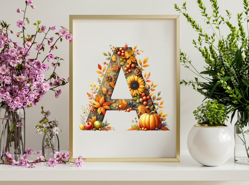 Watercolor Autumn Floral Alphabet Clipart Bundle, Flower Alphabet ...