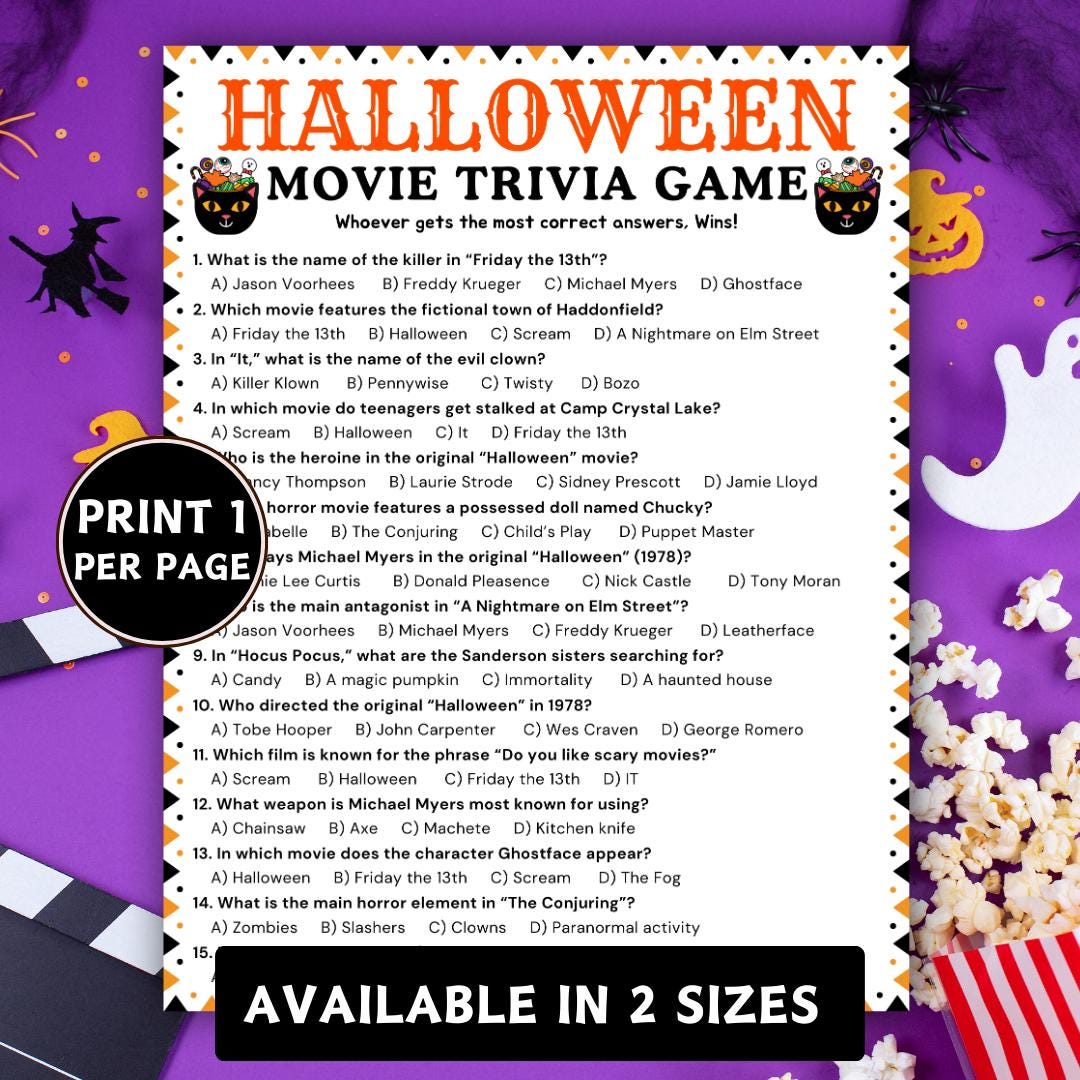 Halloween Movie Trivia Game, Printable Halloween Games, Scary Movie ...