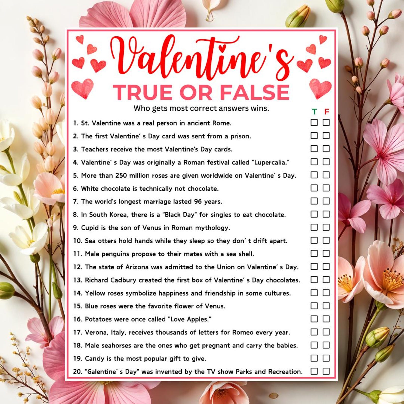 Valentine's Day True or False Game, Printable Valentines Day Game ...