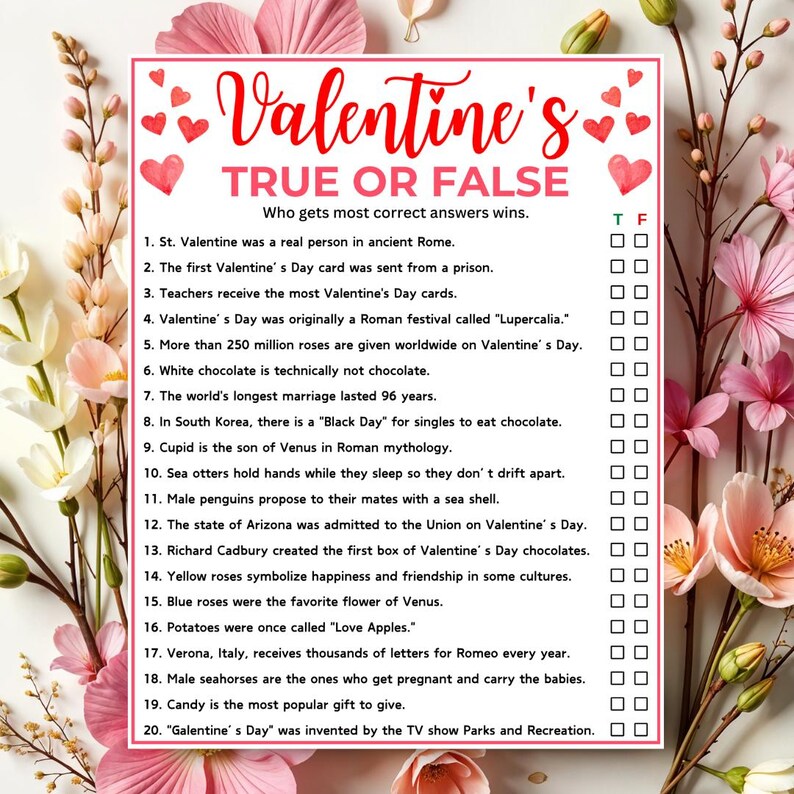 Valentine's Day True or False Game, Printable Valentines Day Game ...