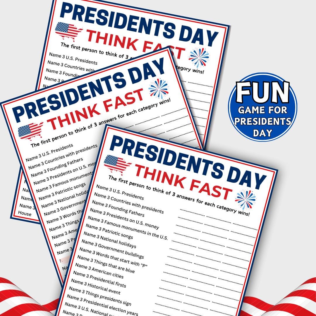 Presidents Day Think Fast Game! Presidents Day Games, Think Quick ...