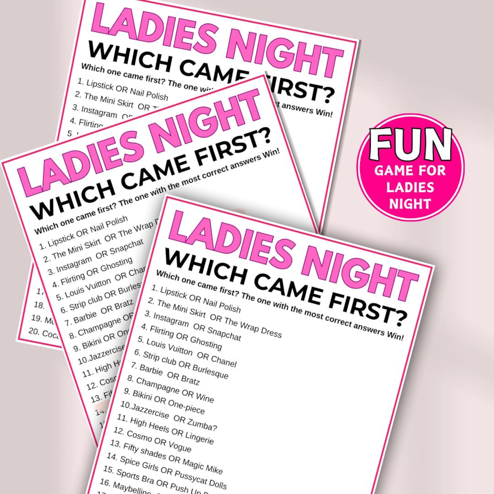 Which Came First Trivia Game, Printable Ladies Night Party Games ...