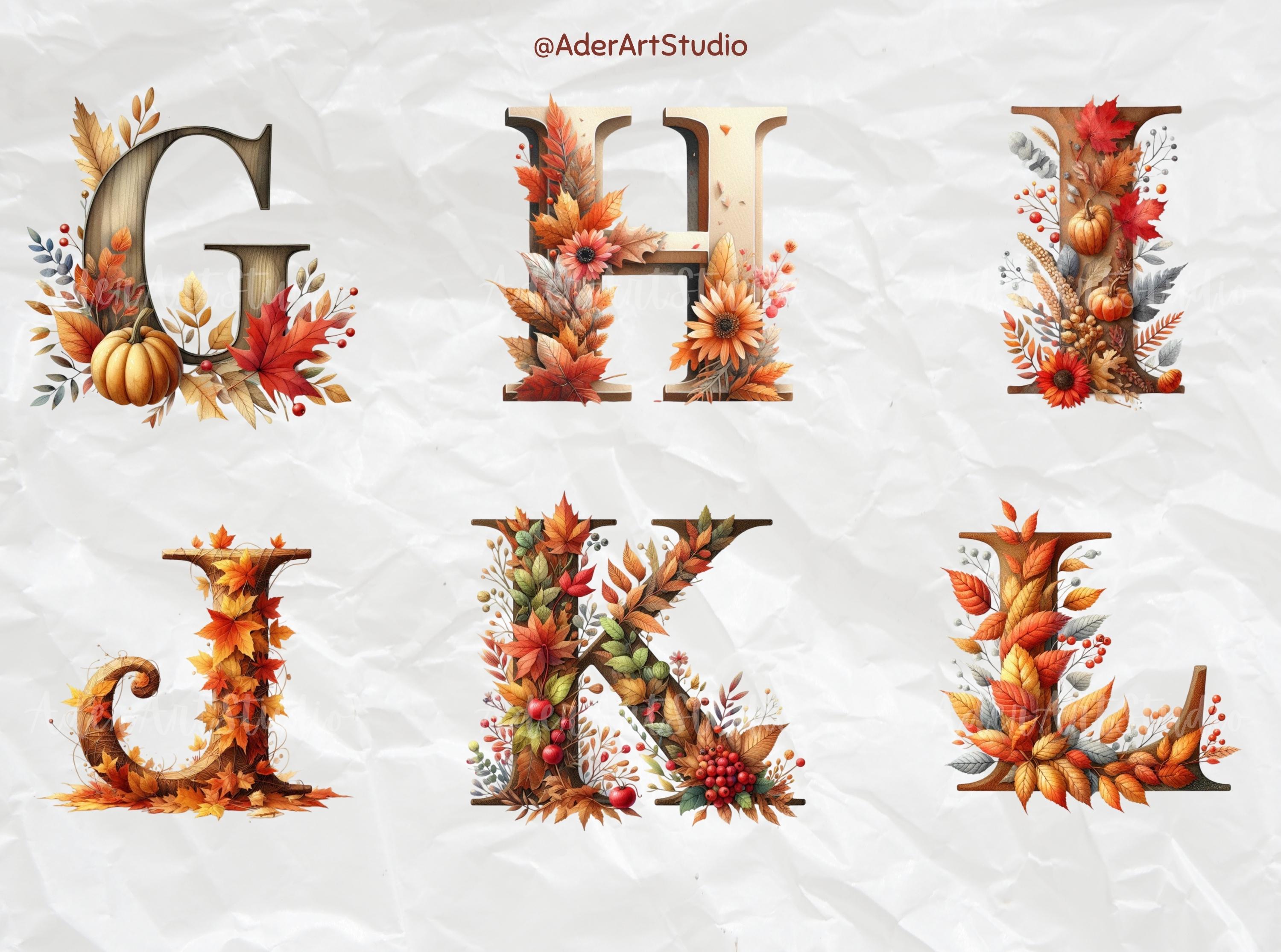 Watercolor Autumn Floral Alphabet Clipart Bundle, Flower Alphabet ...