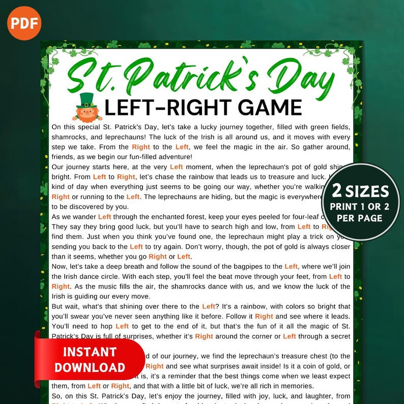 Left Right St. Patrick's Day Game, Pass the Prize Gift Exchange Game ...