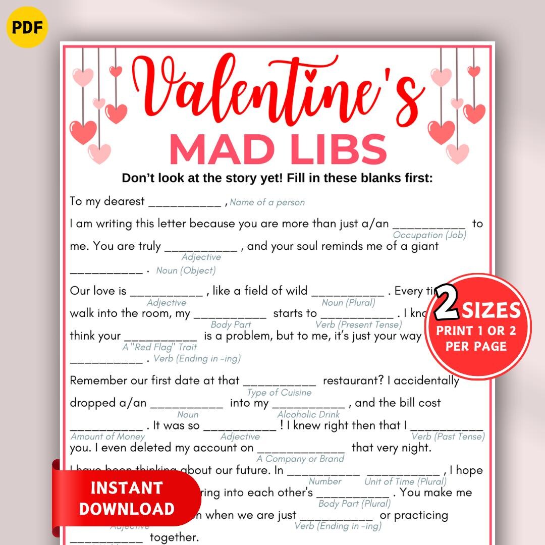 Valentine's Day Mad Libs, Printable Valentines Story, Valentine Party ...