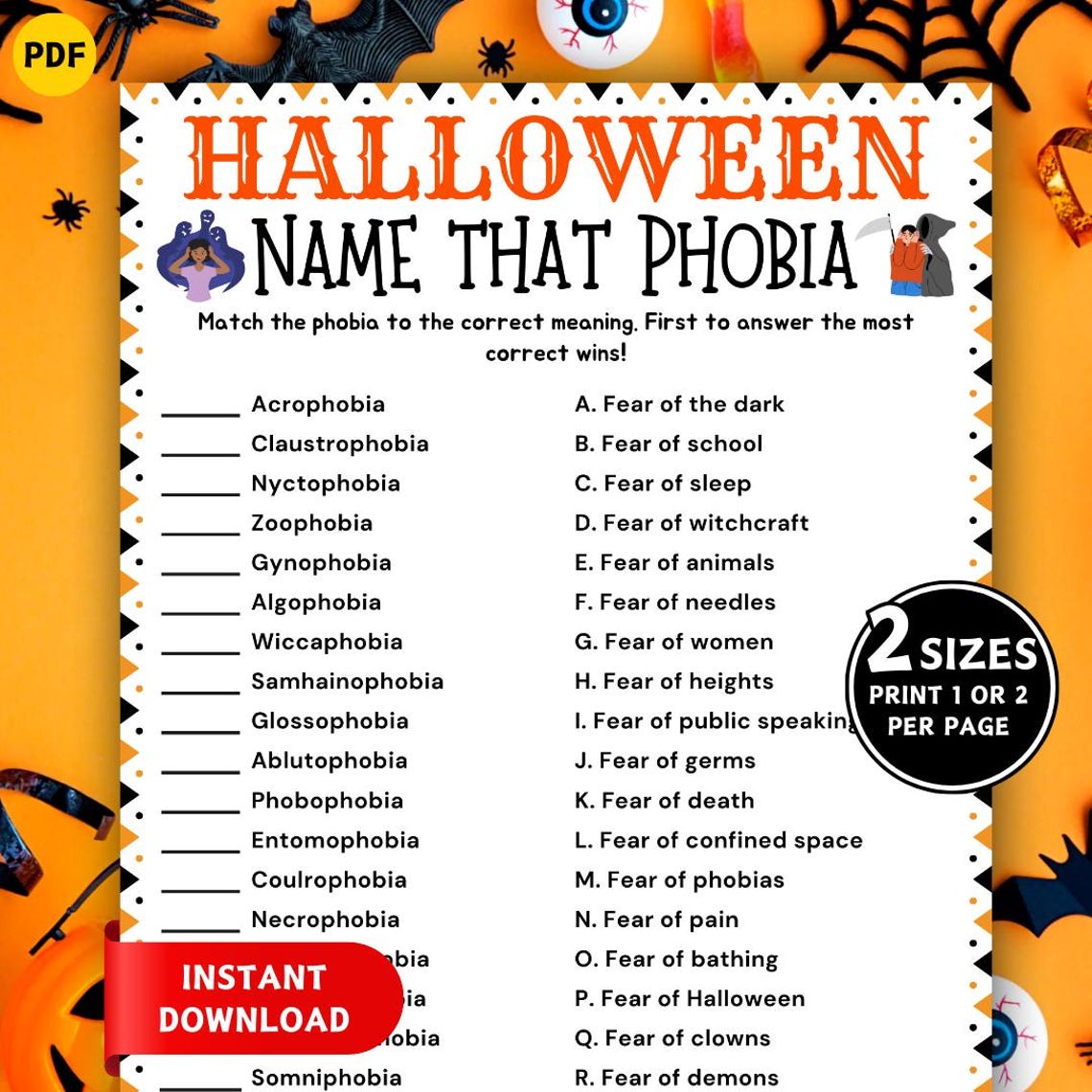 Halloween Name the Phobia Match Game, Phobia Trivia Game, Printable ...
