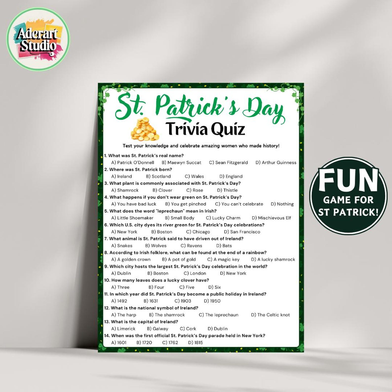 St. Patrick's Day Trivia Game, St Patrick's Day Quiz, Fun St. Paddy's ...